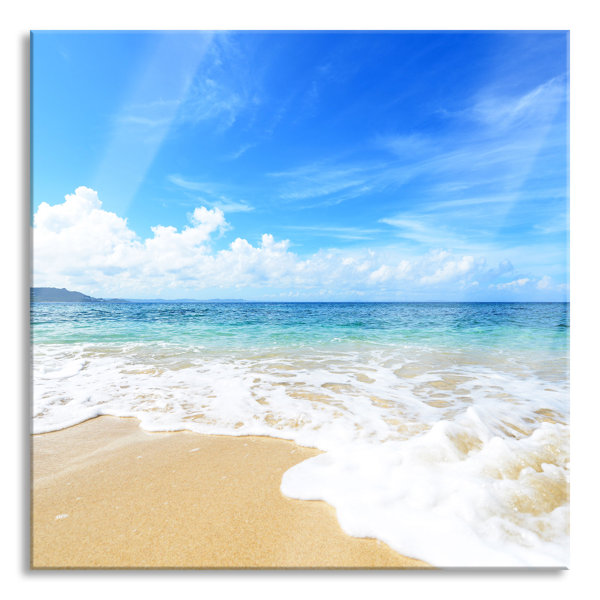 Haus am Meer Glasbild QuadratischWandbild Auf EchtglasStrand Bei SonnenuntergangAufhängung Und ...